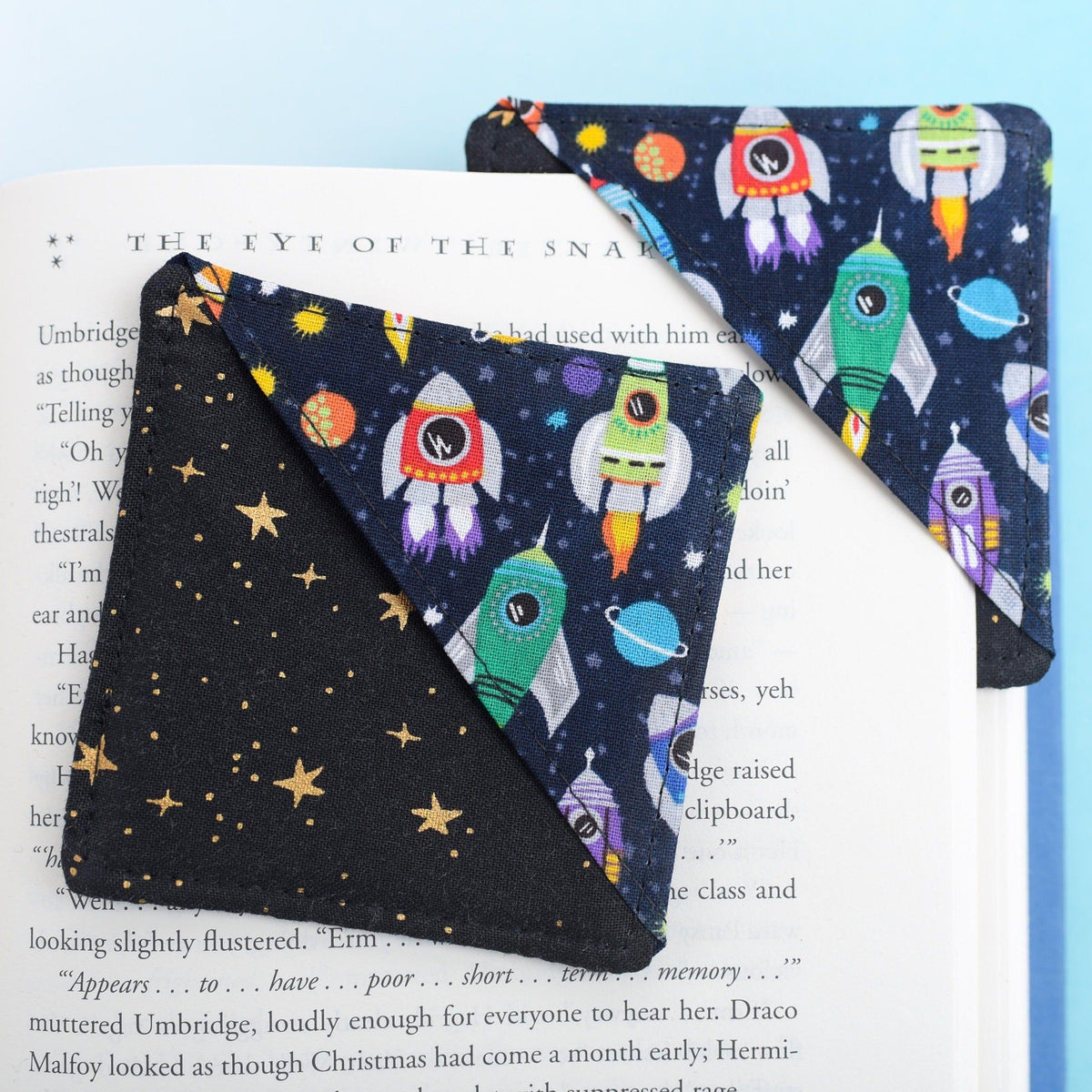Rocket with Black & Gold Stars Fabric Corner Bookmark – Aidille